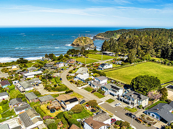 This tiny harbor town perches on bluffs above a protected bay where fishing boats find shelter among ancient offshore rock formations.