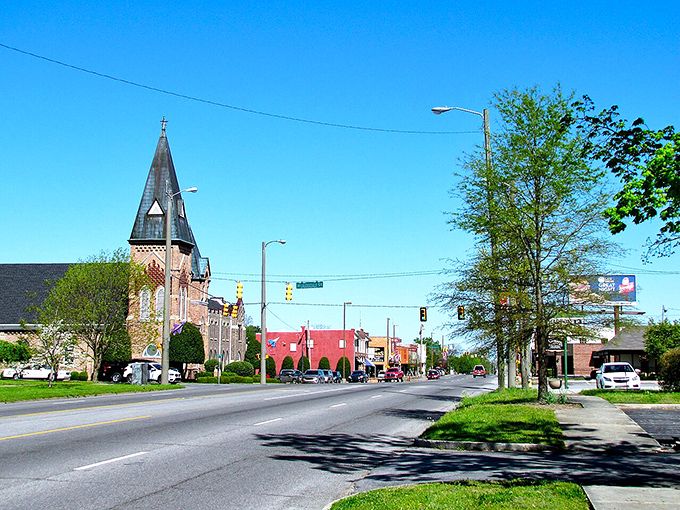 Tullahoma's church spire reaches toward blue skies along a main street that invites leisurely exploration.
