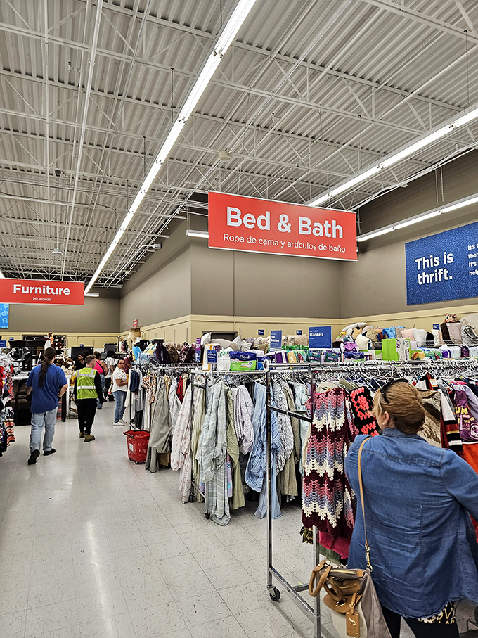 The Bed & Bath section: where Egyptian cotton dreams meet budget-friendly reality under the bright fluorescent lights.