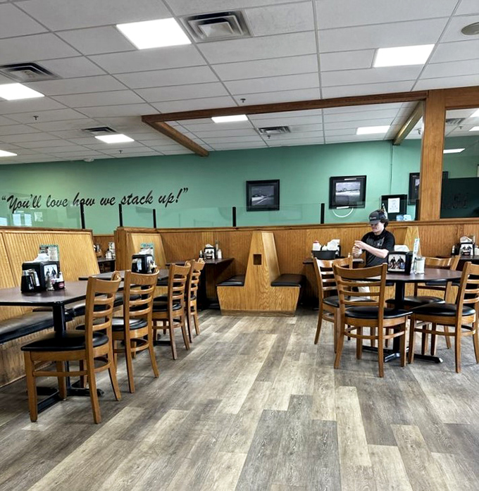 The dining room's "You'll love how we stack up!" motto isn't just clever wordplay – it's the breakfast philosophy that keeps tables full.