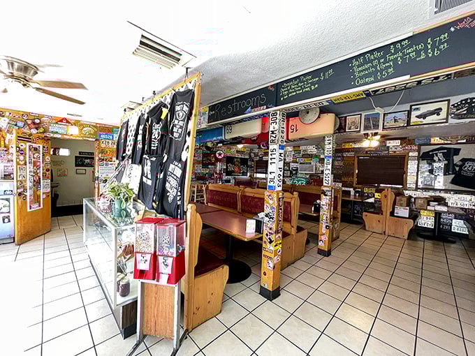 Every inch tells a story in this desert diner. The wooden booths have probably heard more road trip tales than a truck stop novelist.