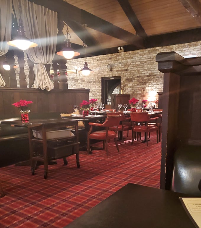 Tartan carpeting and exposed brick walls create the perfect backdrop for conversations that flow as smoothly as the wine.