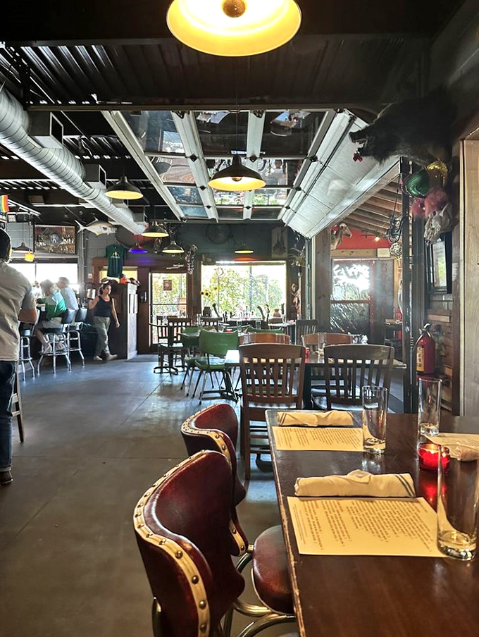 Industrial meets intimate with exposed pipes and warm lighting. The space invites you to settle in and forget about the world outside.