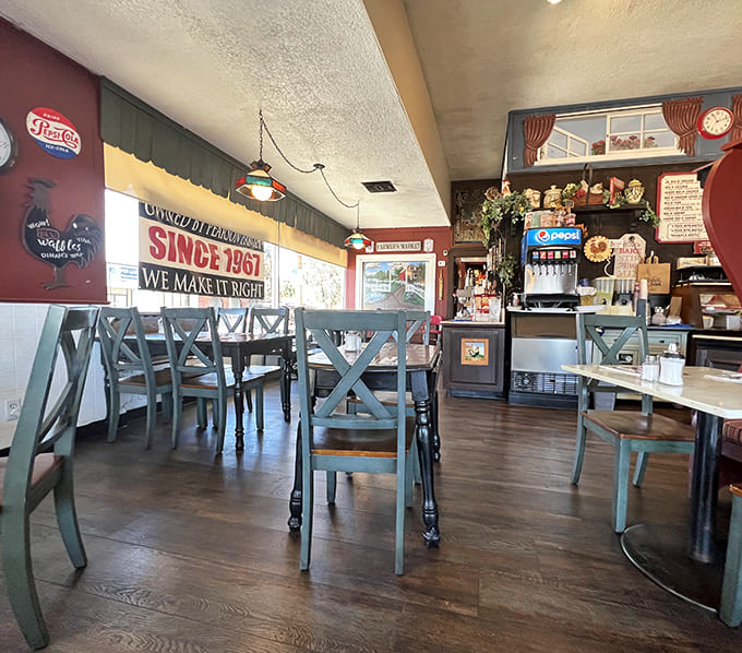 Another view of the dining room, where blue chairs and wooden tables have hosted countless happy meals and "mmm" moments.