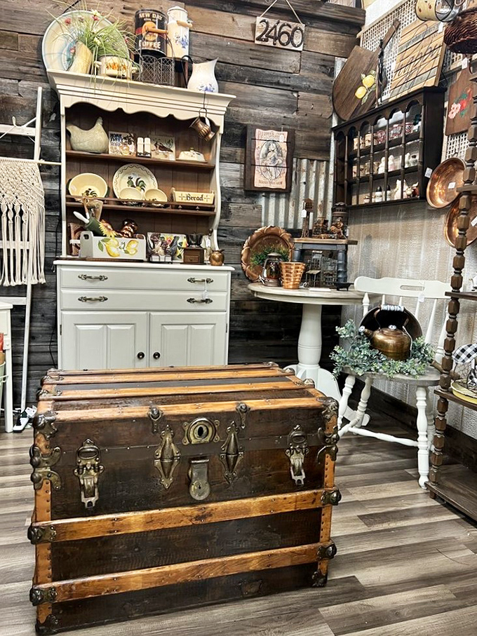 This rustic vignette could furnish an entire Joanna Gaines fantasy, complete with the trunk your great-grandfather might have brought to Ellis Island.