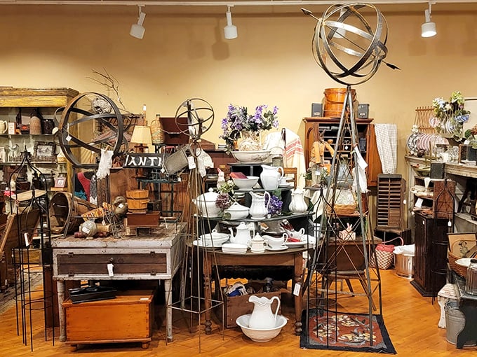 Metal garden ornaments and white ceramics create an unexpected harmony, like finding out your favorite punk rocker also collects delicate teacups.