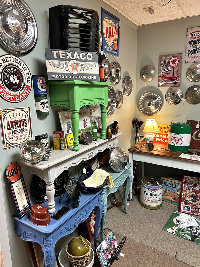 Gearheads and nostalgia buffs collide in this automotive-themed corner where Texaco, Gulf, and memories of roadside Americana reign supreme.