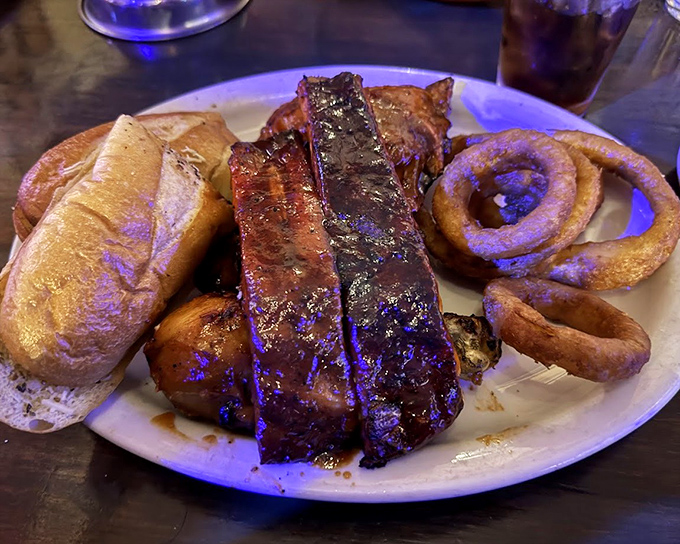 Ribs and onion rings having a moment together &ndash; the Bogart and Bacall of barbecue plates.