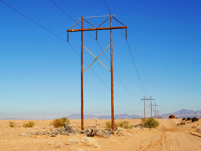 Power lines march across empty desert like industrial soldiers, delivering civilization's necessities to this remote corner of California.