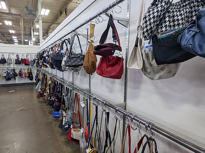 Handbag heaven! Designer lookalikes and genuine vintage finds dangle enticingly, each with stories from previous shopping adventures.