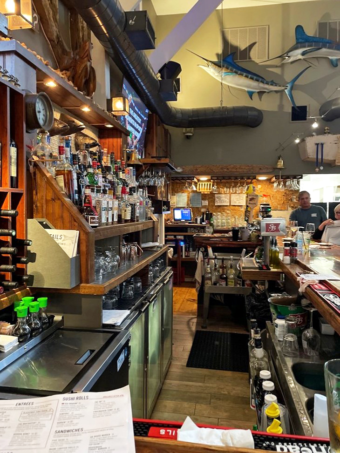 A bar that speaks fluent fisherman, with mounted marlins overseeing the pouring of perfect coastal cocktails.