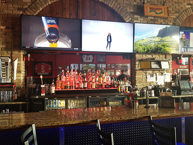 The bar area &ndash; where strangers become friends over cold drinks and hot pizza. Chicago sports memorabilia watches over patrons like old friends.