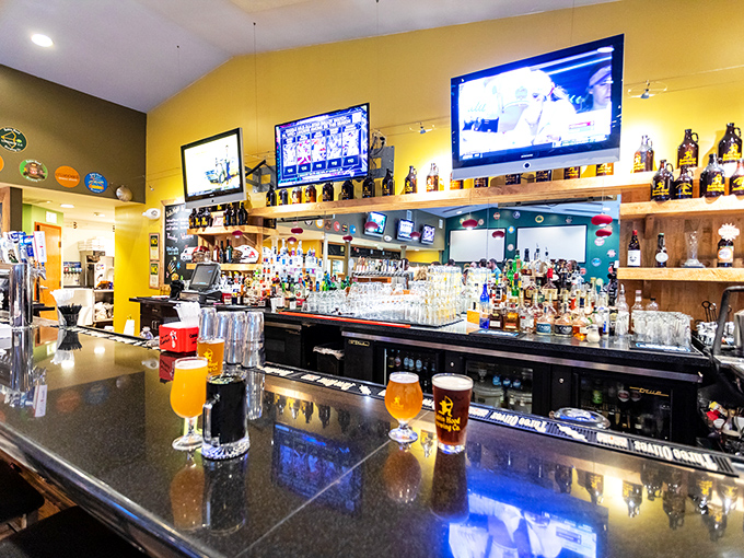 The bar gleams like a beacon of hope for thirsty travelers, with taps standing at attention ready to serve liquid gold.