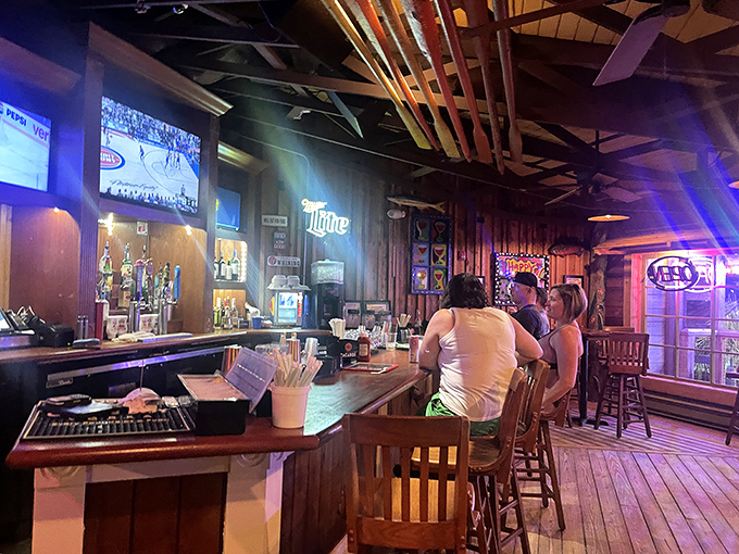 The bar area offers cold beer, sports on TV, and that perfect blend of vacation relaxation and hometown sports bar camaraderie.