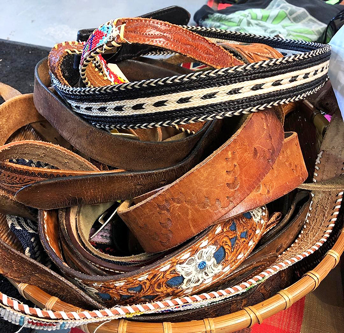 A leather belt bonanza where cowboys, hippies, and fashion enthusiasts can all find something to hold their pants up in style.