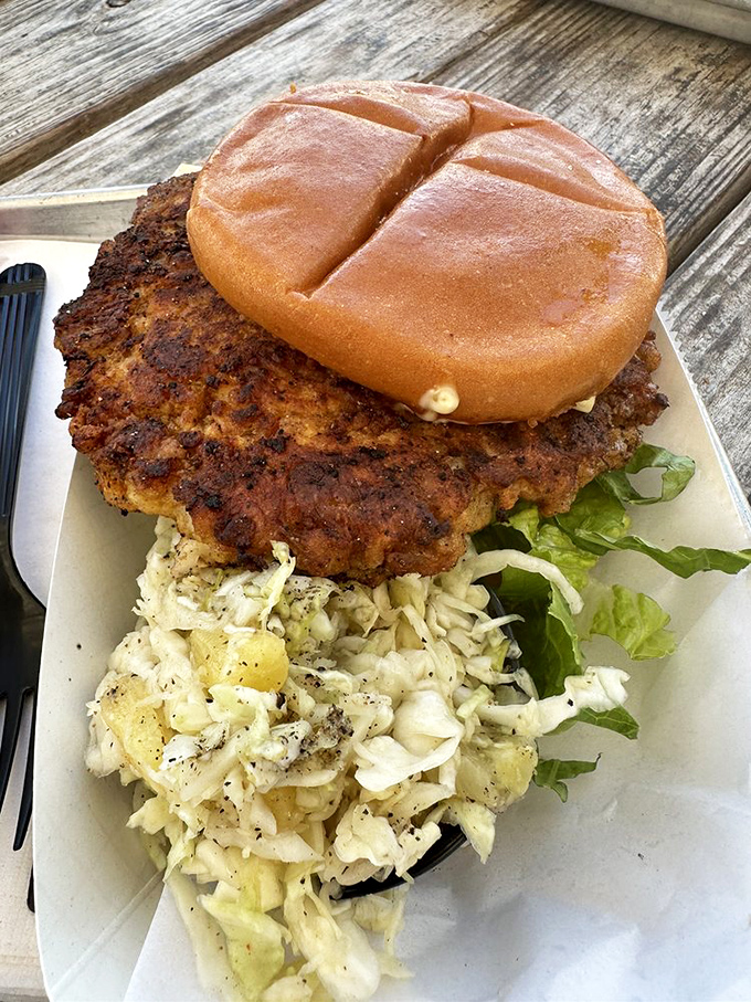 This blackened shrimp burger with potato salad sidekick makes other sandwiches question their life choices.