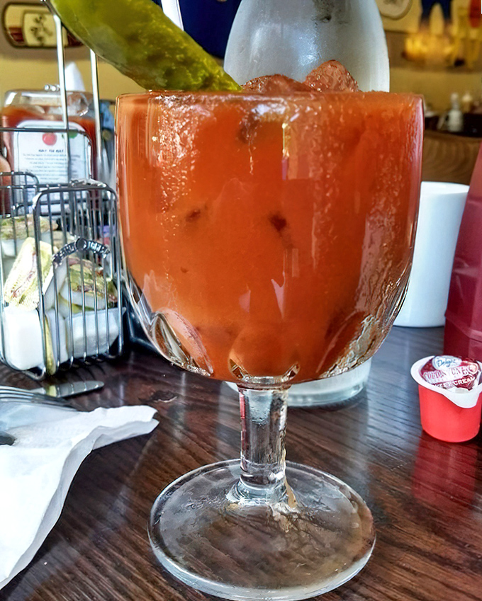 This Bloody Mary isn't just a drink&mdash;it's a meal with a mission. That pickle garnish stands tall like a green flag claiming victory over hangovers.