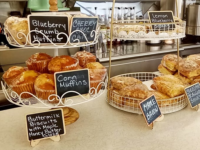Pastry paradise awaits with handwritten signs promising sweet treasures. Those muffins aren't just baked&mdash;they're architectural achievements with streusel rooftops.