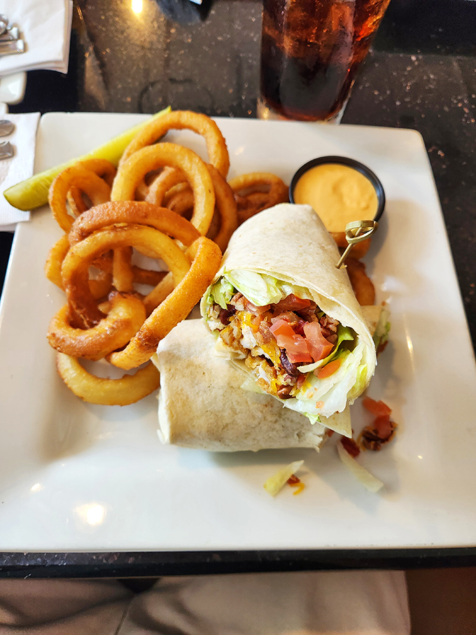 This breakfast wrap and onion rings combo proves that breakfast has no boundaries. Morning flavors wrapped up like a delicious present.