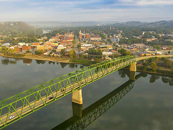 The green bridge spans more than just water&mdash;it connects Bellefontaine to neighboring communities, a steel ribbon tying the region together.