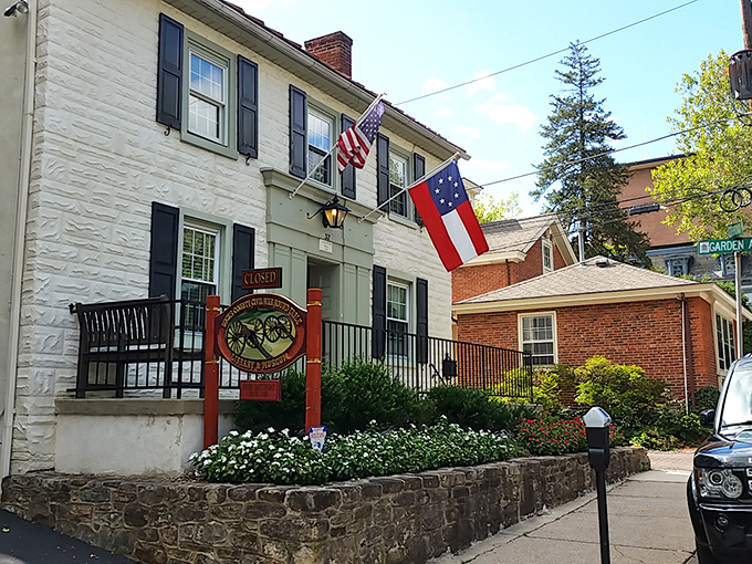 This historic white building with its classic American flags stands as a testament to Doylestown's commitment to preserving its rich historical heritage.