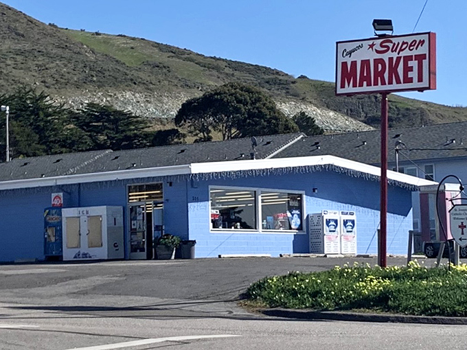 The Cayucos Super Market, where locals shop and visitors discover that even grocery runs come with mountain views in this town.