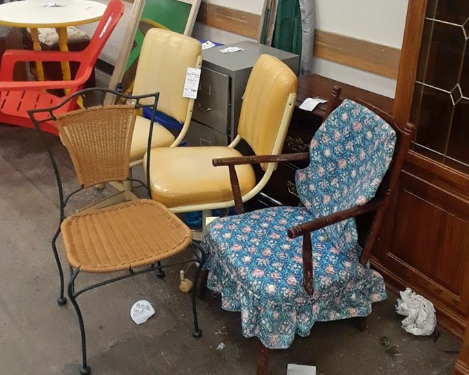 Chair personality types on full display. The wicker one is clearly the bohemian, while that yellow vinyl number is the quirky aunt of the furniture family.