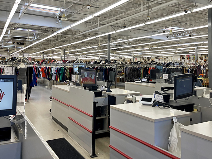 The checkout area stands ready for the parade of carts filled with treasures that cost less than a fancy coffee but will bring joy for years.