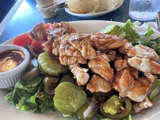 This BBQ chicken salad brilliantly balances virtue and indulgence &ndash; fresh greens and grilled chicken with enough pickles to keep things interesting.