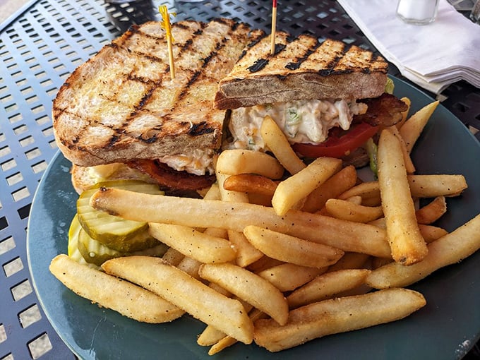 A sandwich that requires both hands and a strategy. Those golden fries aren't just a side dish; they're an essential supporting character.