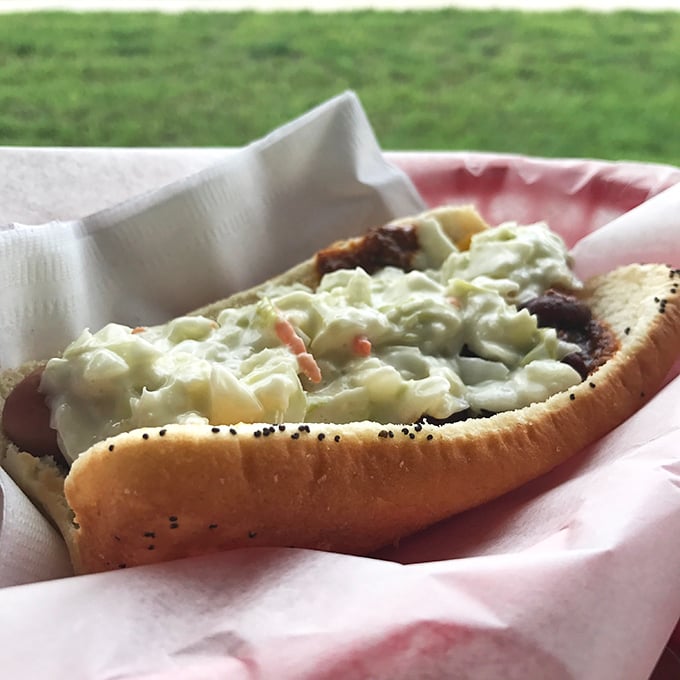 The Chili Cheese & Slaw Dog represents the holy trinity of comfort food done absolutely right.