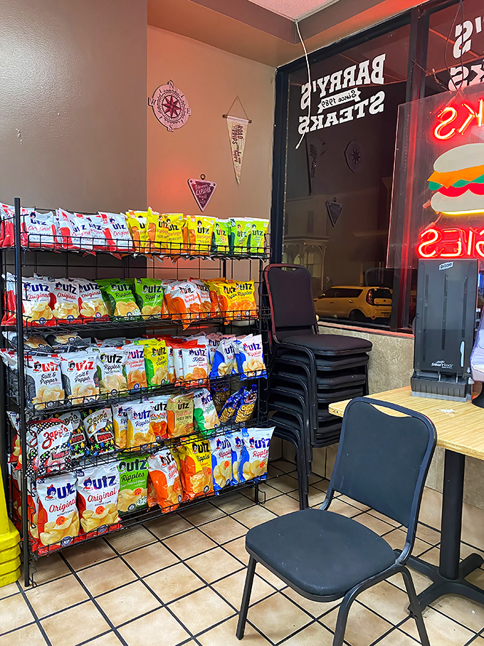A rack of Utz chips stands guard, ready to provide the perfect crunchy companion to your cheesesteak&mdash;because texture contrast matters, people.