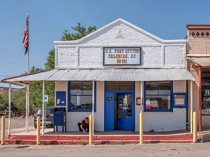 The Chloride Post Office, established 1893, continues its duty as the town's communication hub and unofficial gathering spot for local gossip exchange.