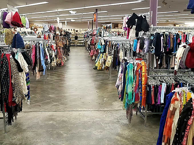 Fashion democracy in action. Designer labels mingle with everyday brands, all equalized by the great leveler of thrift pricing.