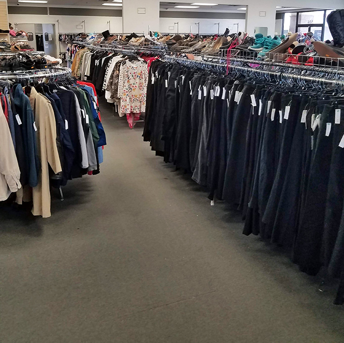 The clothing section stretches toward the horizon like a fabric sea, where patient shoppers can fish for designer labels among the everyday catches.