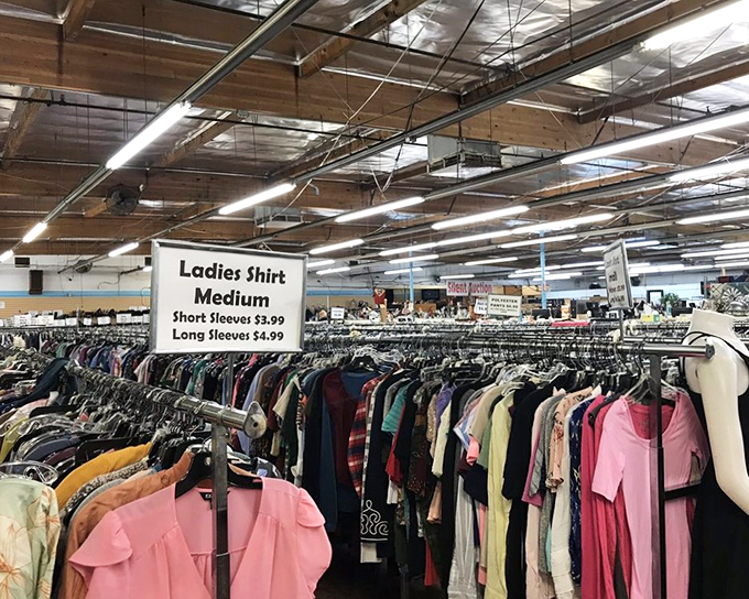Ladies' shirts for less than a latte. The sign doesn't lie, but the real value is in finding that perfect vintage piece nobody else will have.