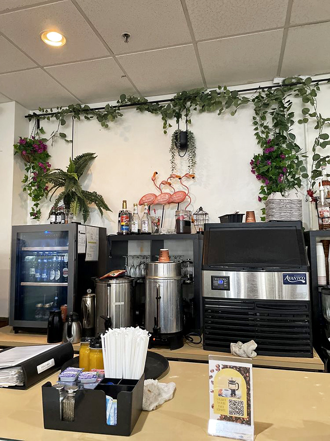 The coffee station decorated with flamingo flair shows this place doesn't take itself too seriously.