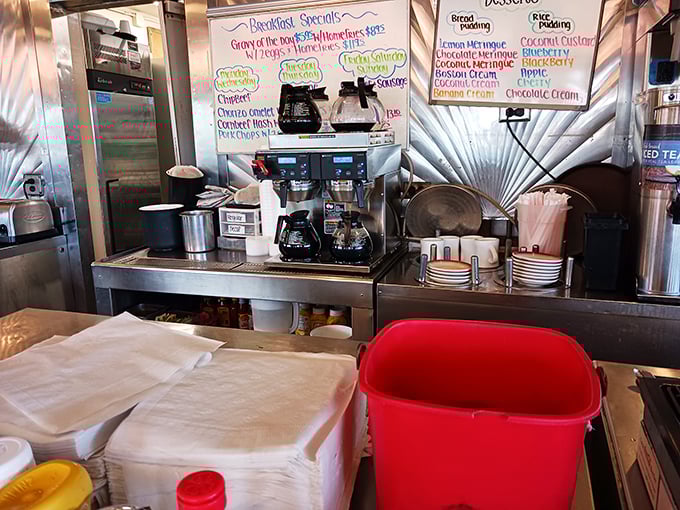 The coffee station&mdash;command central for the lifeblood of any respectable diner. Where mugs are always full and morning grouches become human again.