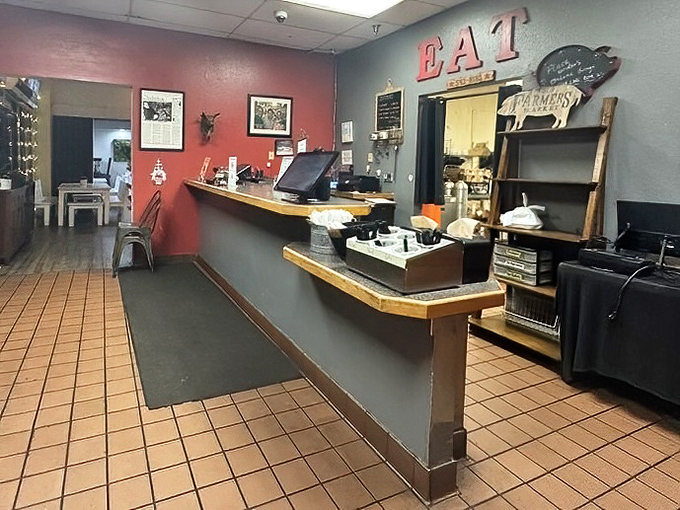 Where the magic begins: the counter of carnivorous dreams. That "EAT" sign isn't a suggestion&mdash;it's the only reasonable command after smelling what's cooking.