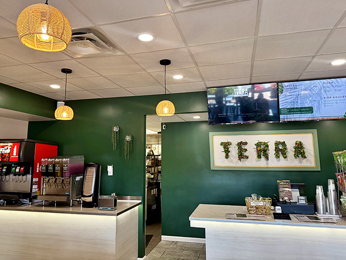 The emerald wall and natural wood create Terra's signature look &ndash; like dining in a stylish friend's kitchen who happens to make incredible sandwiches.