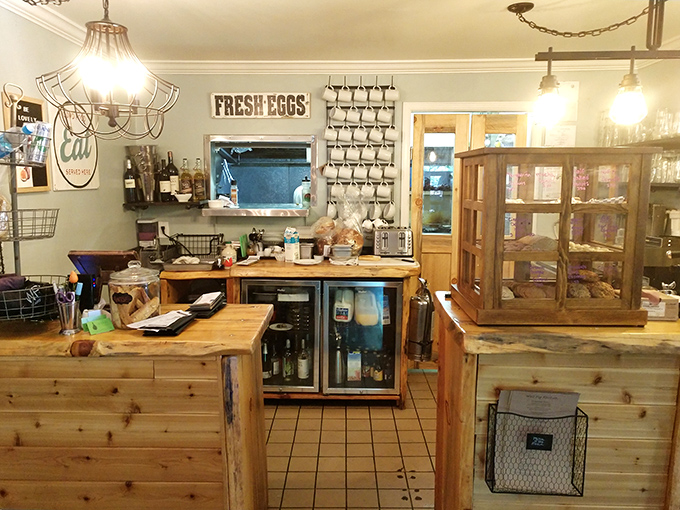 Rustic wooden counters and that iconic "FRESH EGGS" sign tell you everything about their philosophy before you take a single bite.