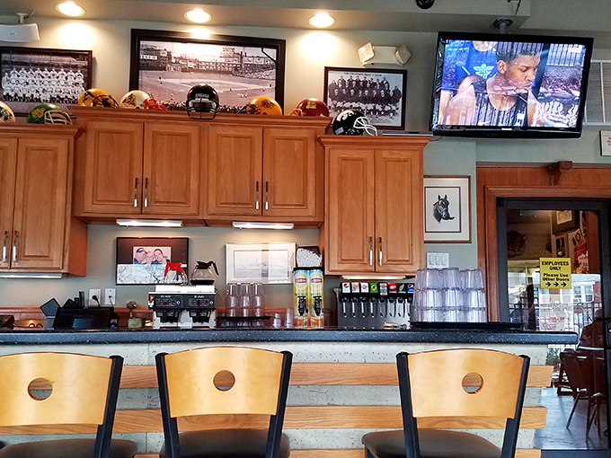 Sports memorabilia adorns the walls above the counter &ndash; this isn't corporate-mandated d&eacute;cor, it's community history on display.