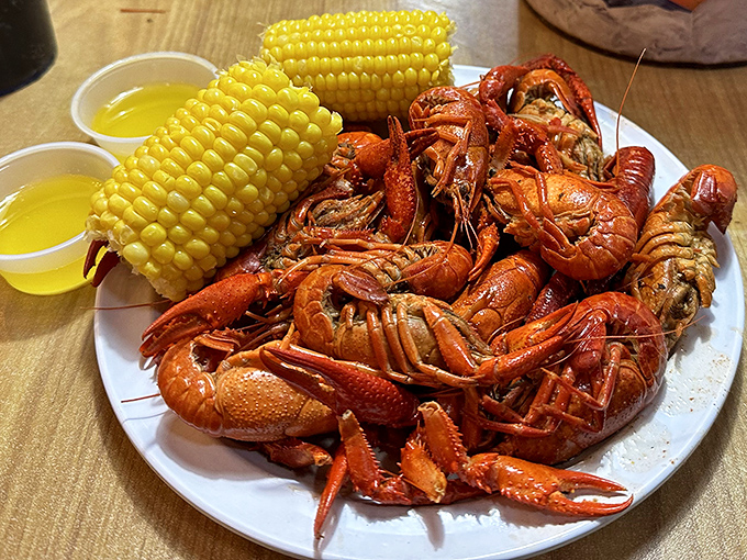 Crawfish and corn on the cob—a plate that demands you get your hands dirty and abandon all pretense of sophisticated dining. Worth every napkin.