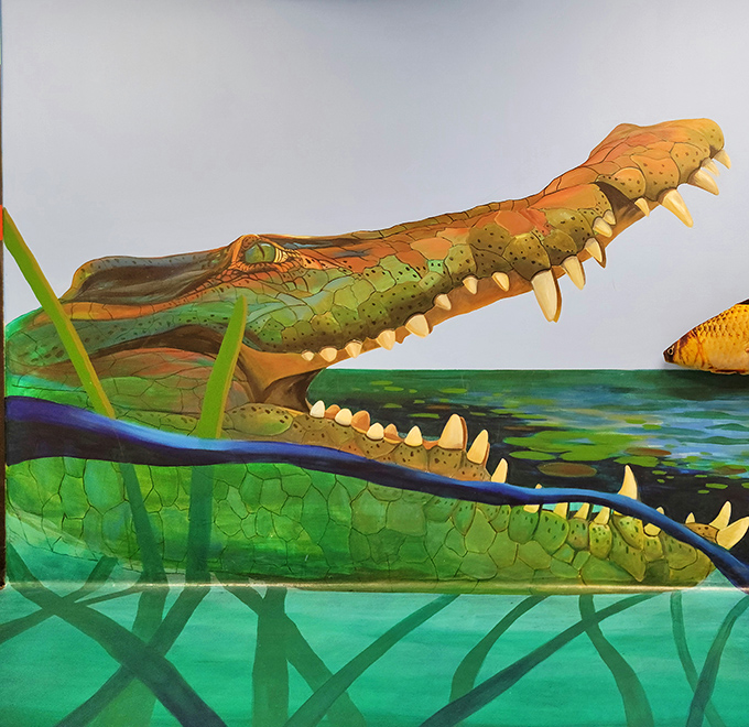 That crocodile's grin suggests he knows something you don't about this topsy-turvy painted swamp scene.