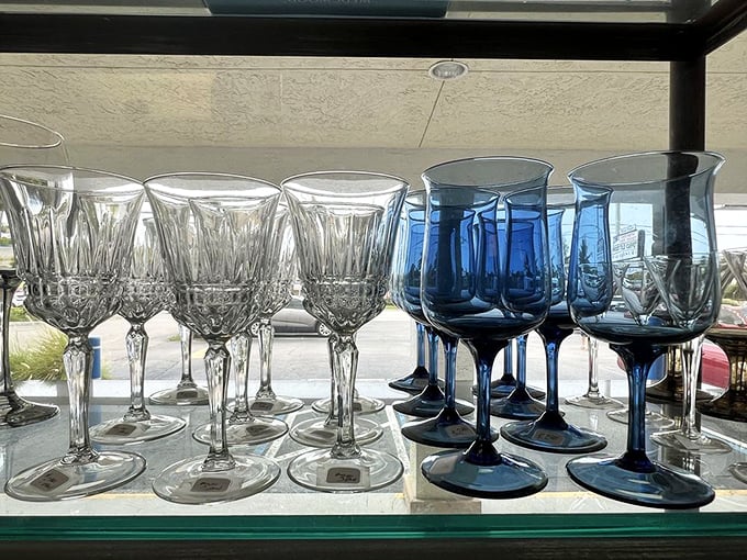 Crystal and cobalt stemware that turns even boxed wine into a sophisticated experience. Pinky up, bargain hunters!