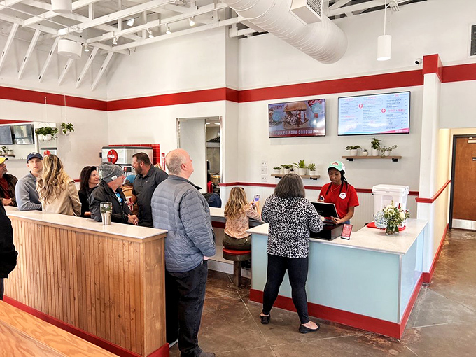 The lunch rush at Hugh-Baby's&mdash;where locals know good things come to those who wait (but thankfully, not for very long).