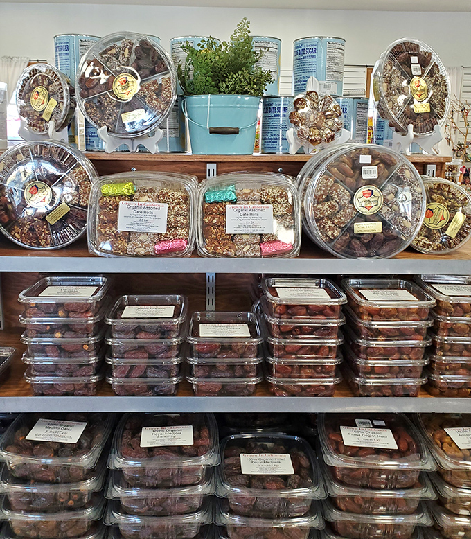 Date nirvana exists on these shelves, where every container holds nature's candy in various forms, each promising a taste of desert sunshine.