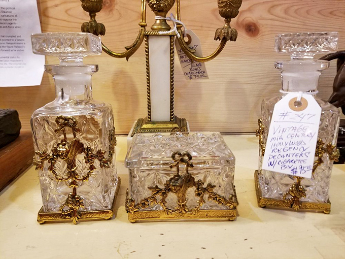 Ornate crystal and brass treasures that whisper tales of Gatsby-esque parties where cigarettes were offered from decorative boxes and gossip flowed freely.