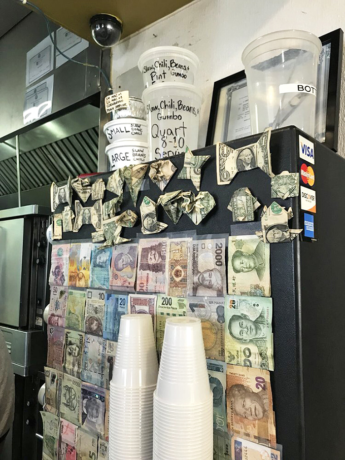 Money from around the world decorates this wall&mdash;proof that great barbecue transcends currency, language, and international borders.