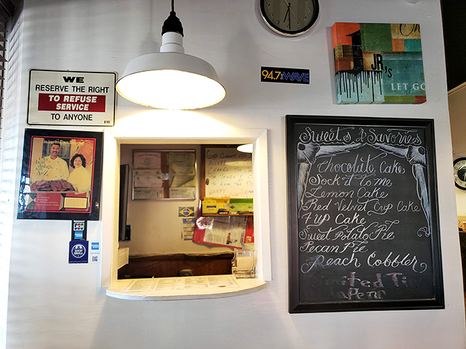 The wall decor tells stories without saying a word – a chalkboard of desserts that deserves as much attention as the meat menu.